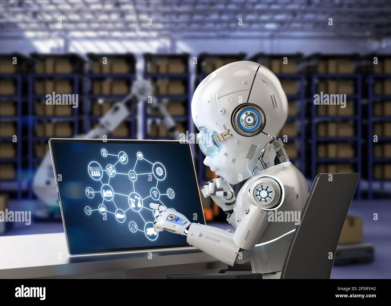 Automation factory concept with 3d rendering robot working with ...