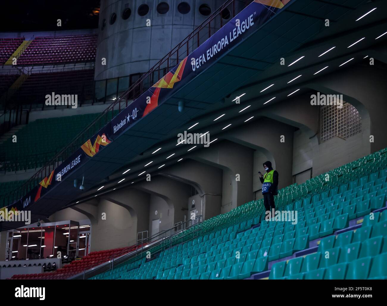 A steward seen with in empty seats during the UEFA Europa League 2020/ ...