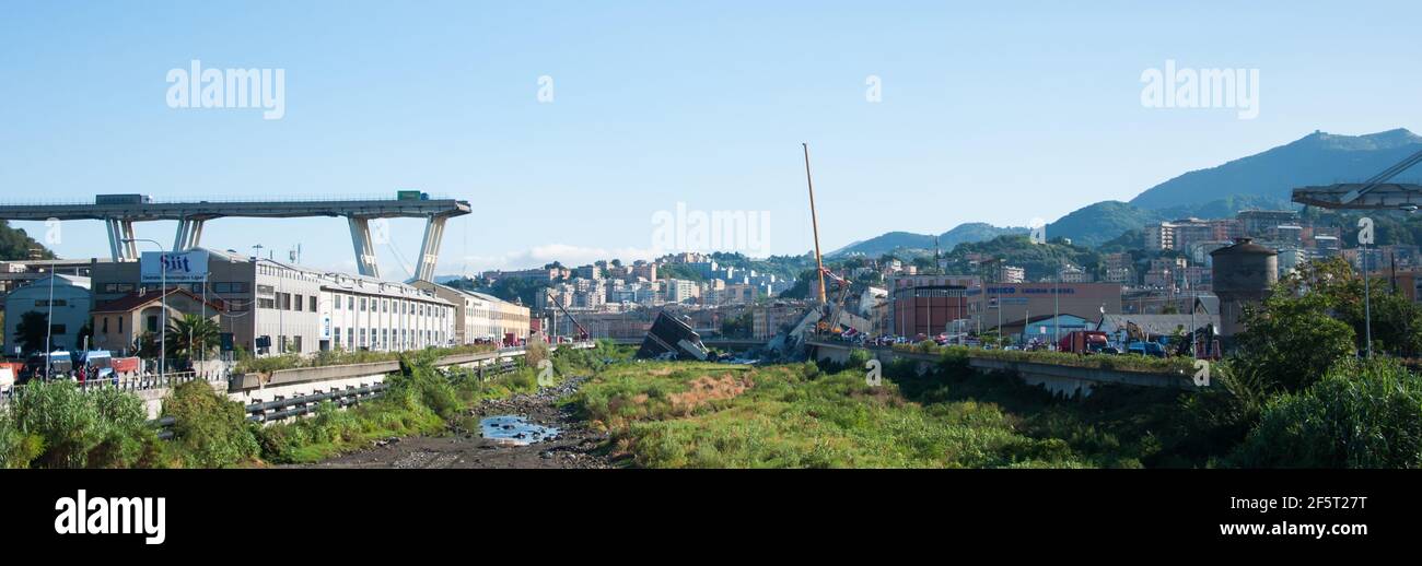 GENOA, ITALY - AUGUST 15, 2018 : collapsed Morandi bridge, and ongoing ...