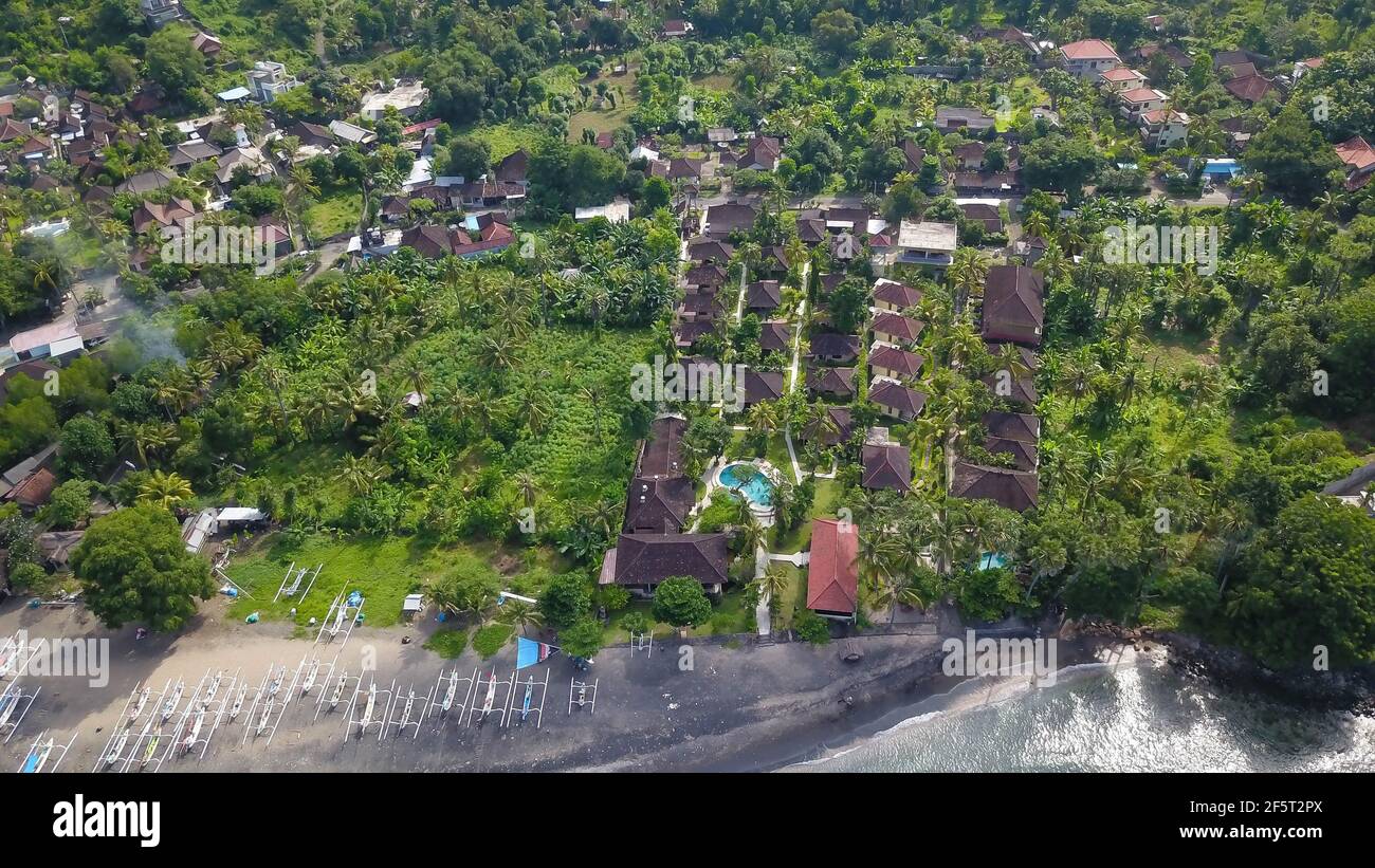 Aerial top down drone footage of the famous Finns beach club that lies ...