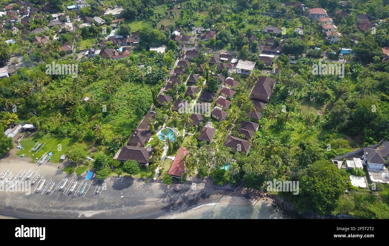 Aerial top down drone footage of the famous Finns beach club that lies ...