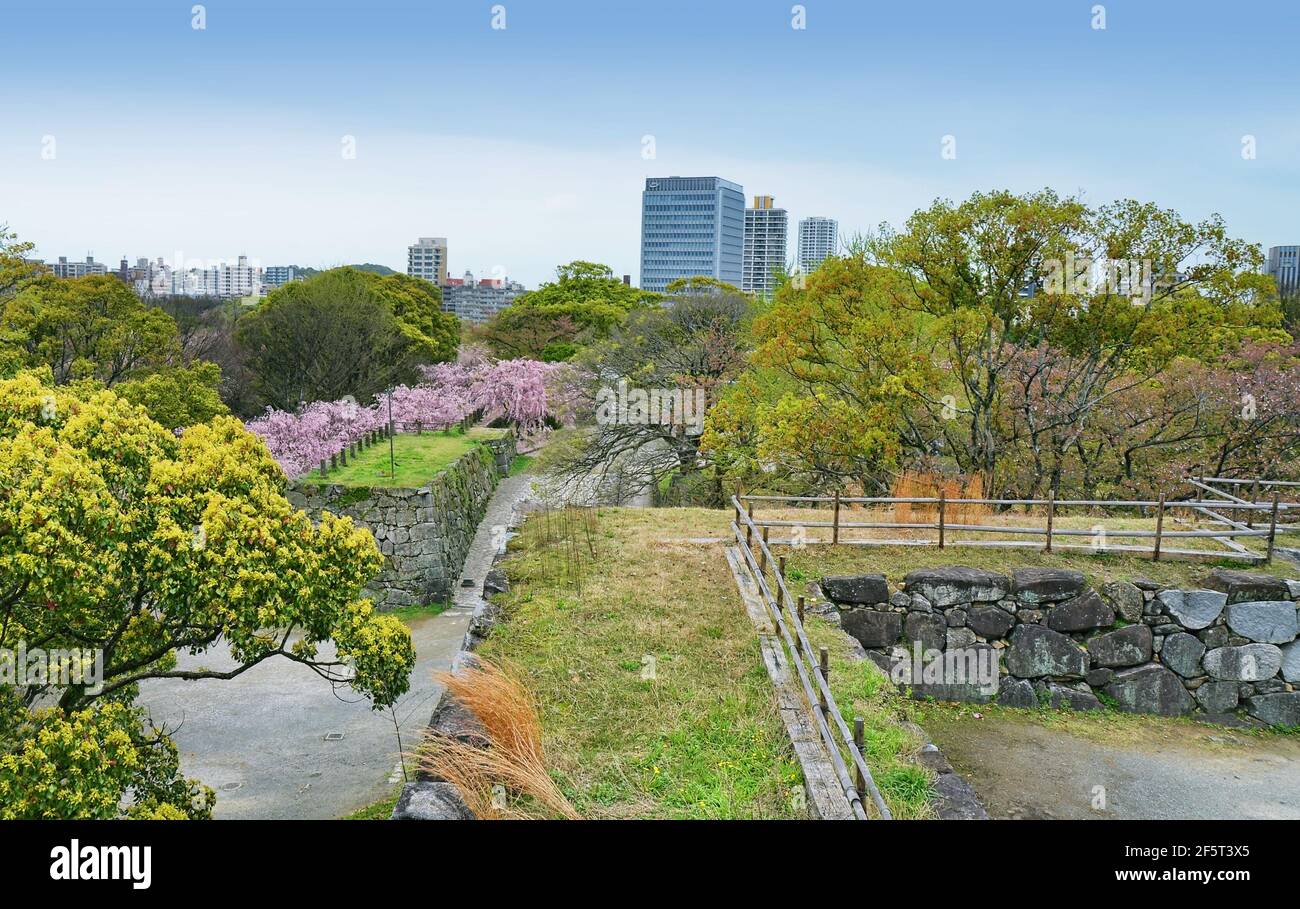 View from the ruins of Maizuru castle: Ohori park and Fukuoka skyline. Fukuoka city, Japan. 04 ...