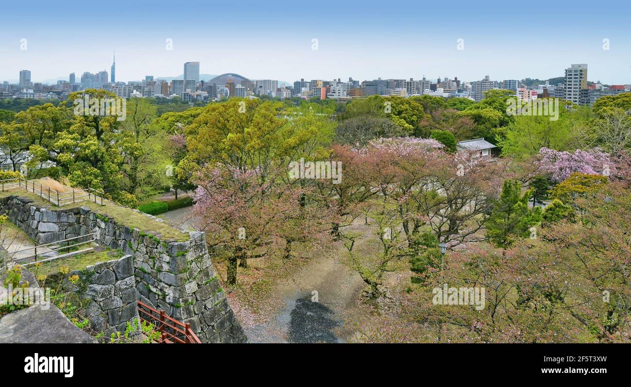 View from the ruins of Maizuru castle: Ohori park and Fukuoka skyline. Fukuoka city, Japan. 04 ...