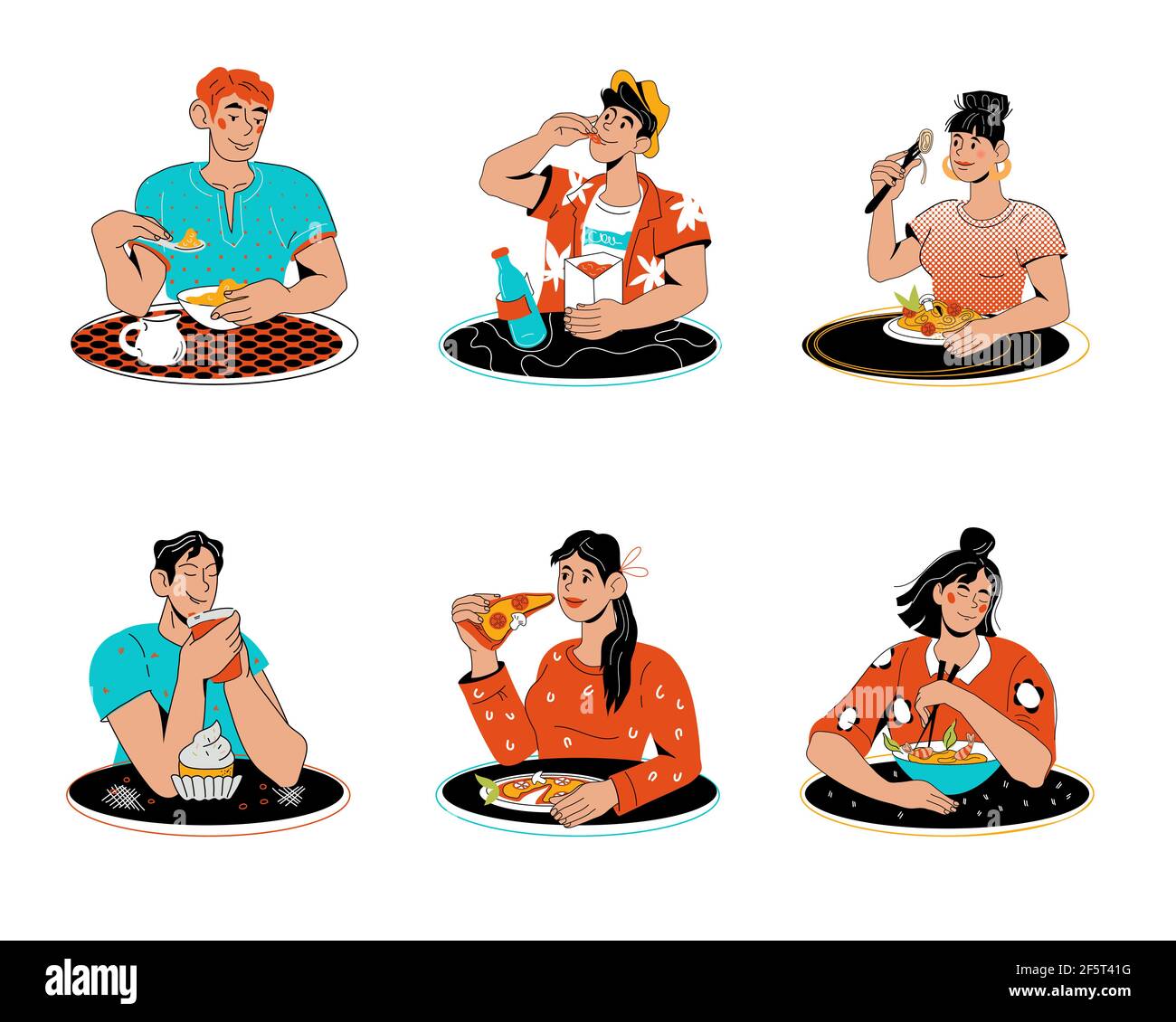 Set of people men and women eating various food, cartoon vector ...
