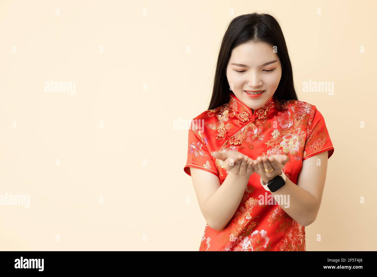 Chinese teen girl hand giving donation posture dressing traditional ...