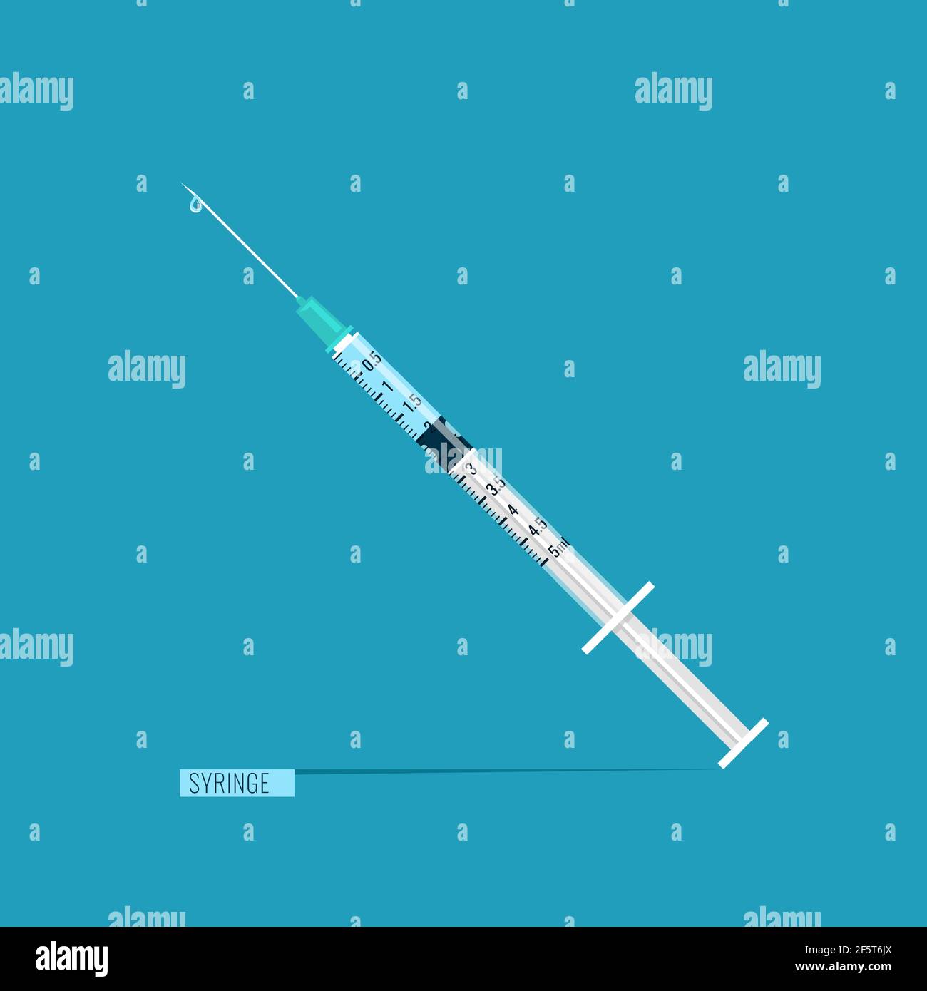 Thin syringe with blue liquid and a drop from a needle. Flat vector ...