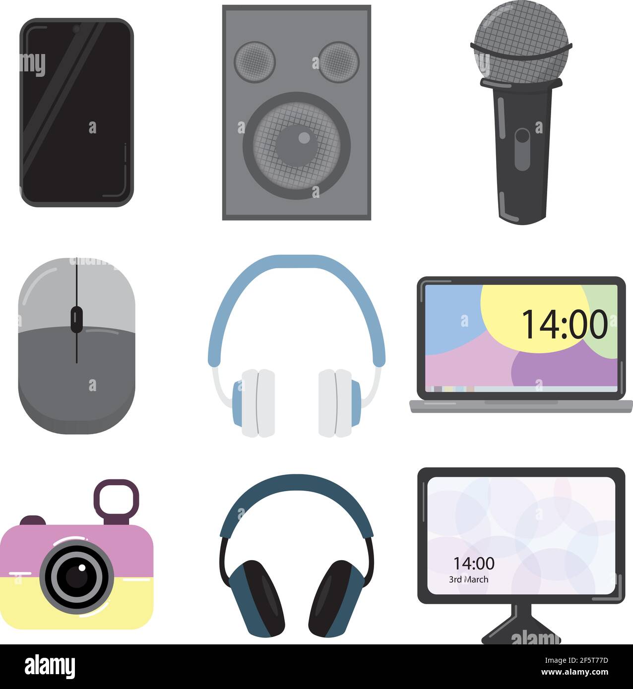Set of nine devices including a camera, 2 headsets (headphones ...