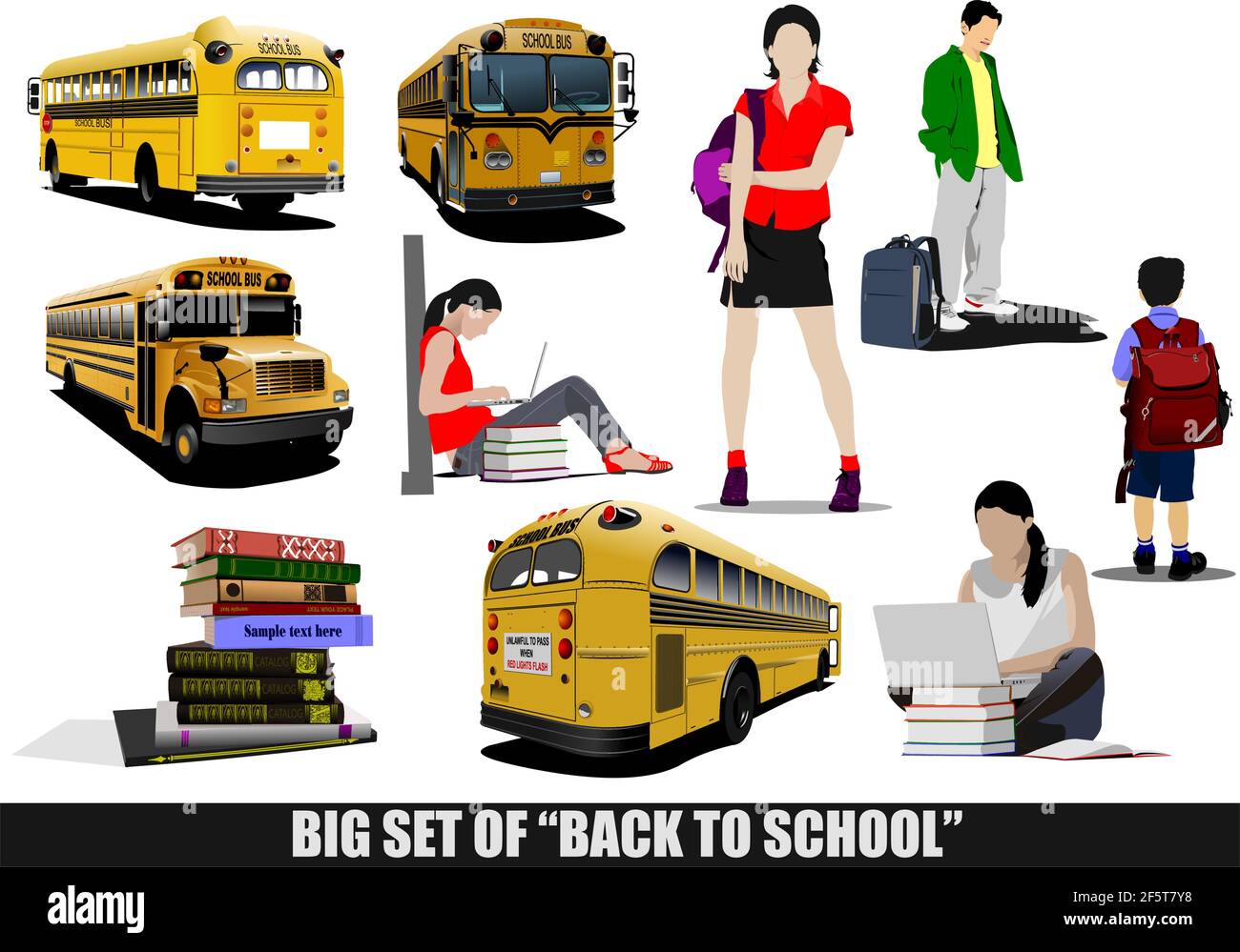 Big set of “Back to school” with buses an children images . Vector 3d ...