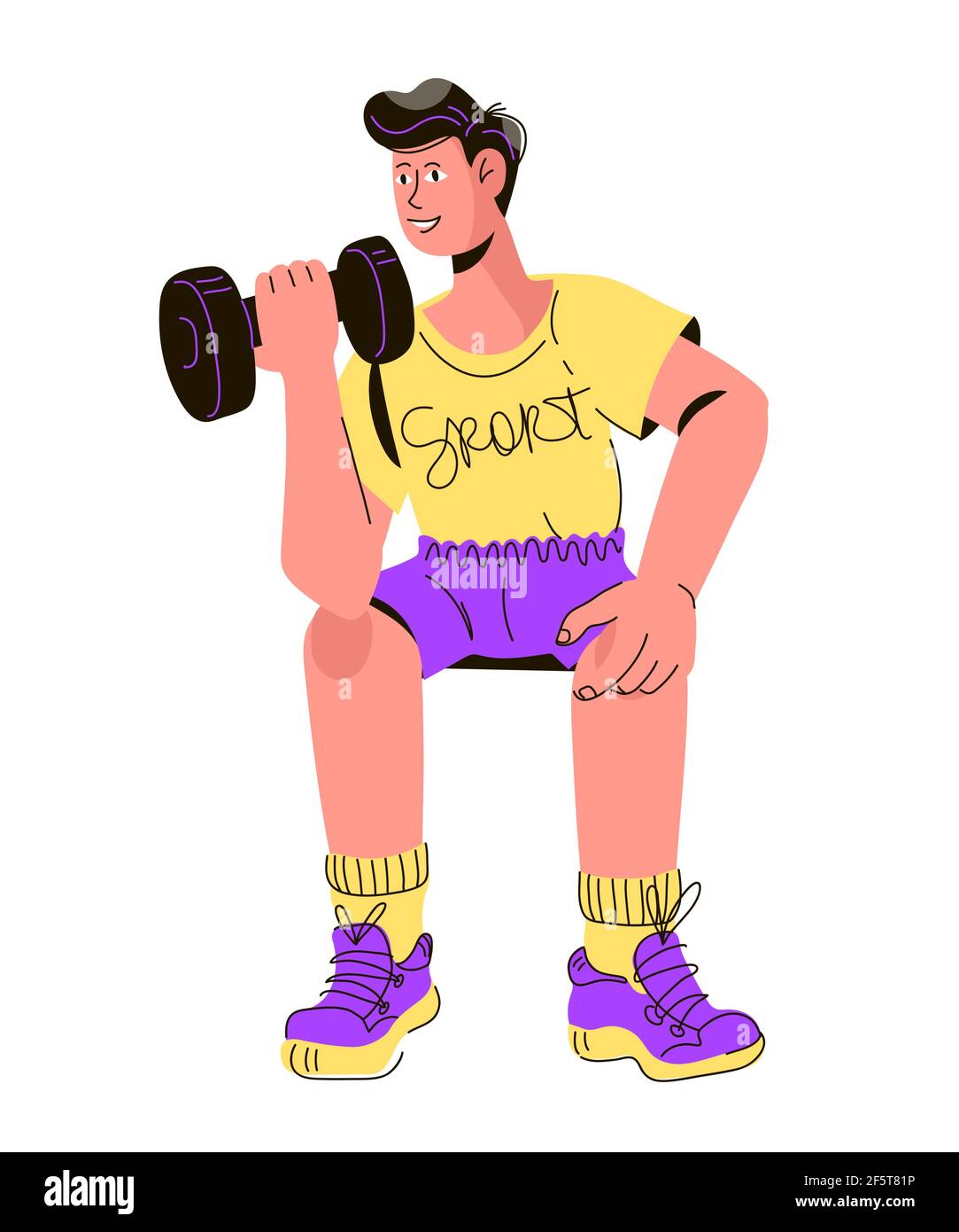 Young man doing sport exercises with dumbbells, flat cartoon vector ...