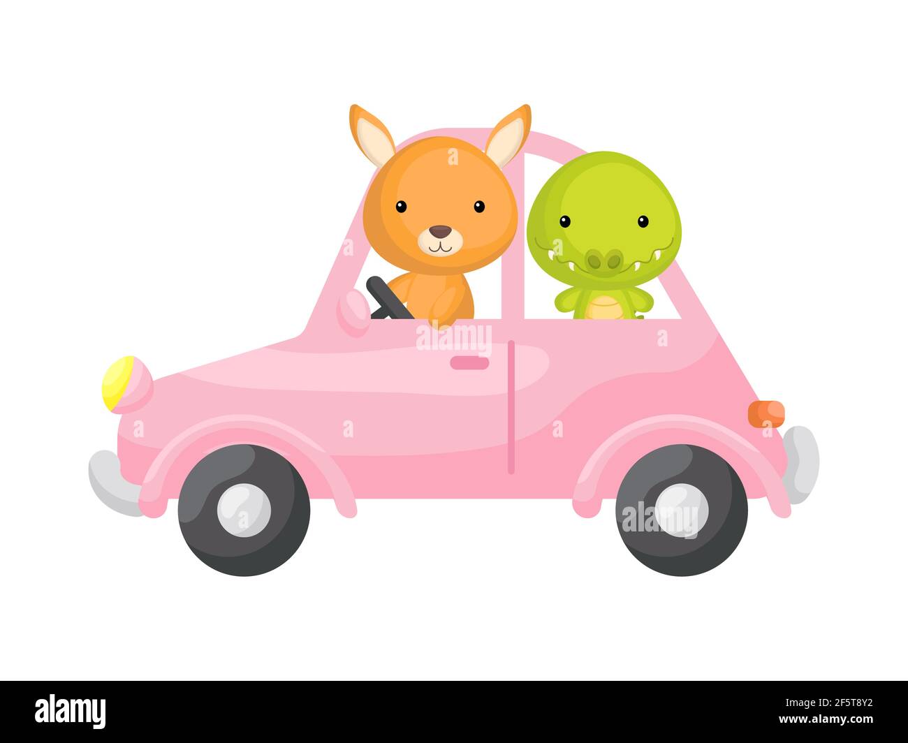 Cute little crocodile and kangaroo driving pink car. Cartoon character ...