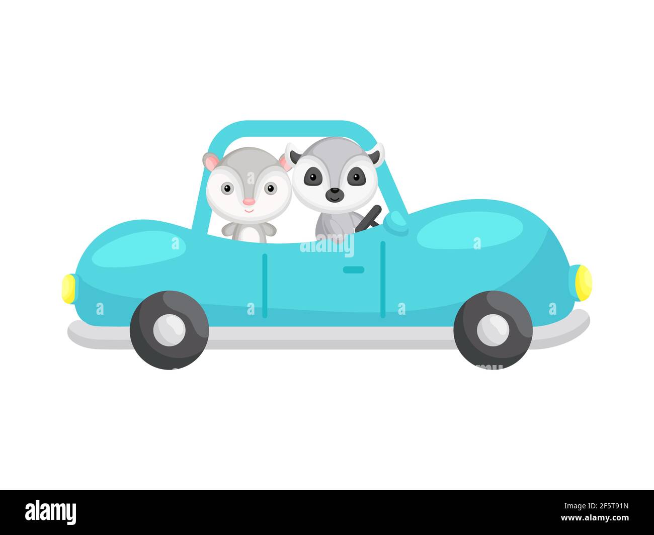 Cute little opossum and lemur driving turquoise car. Cartoon character ...