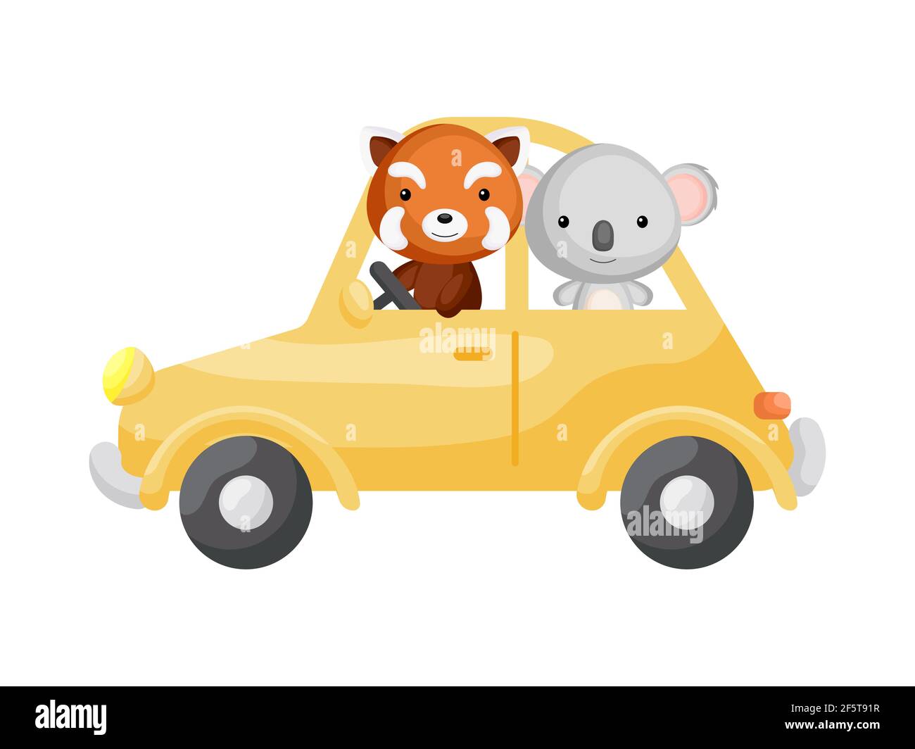 Cute little koala and red panda driving yellow car. Cartoon character ...