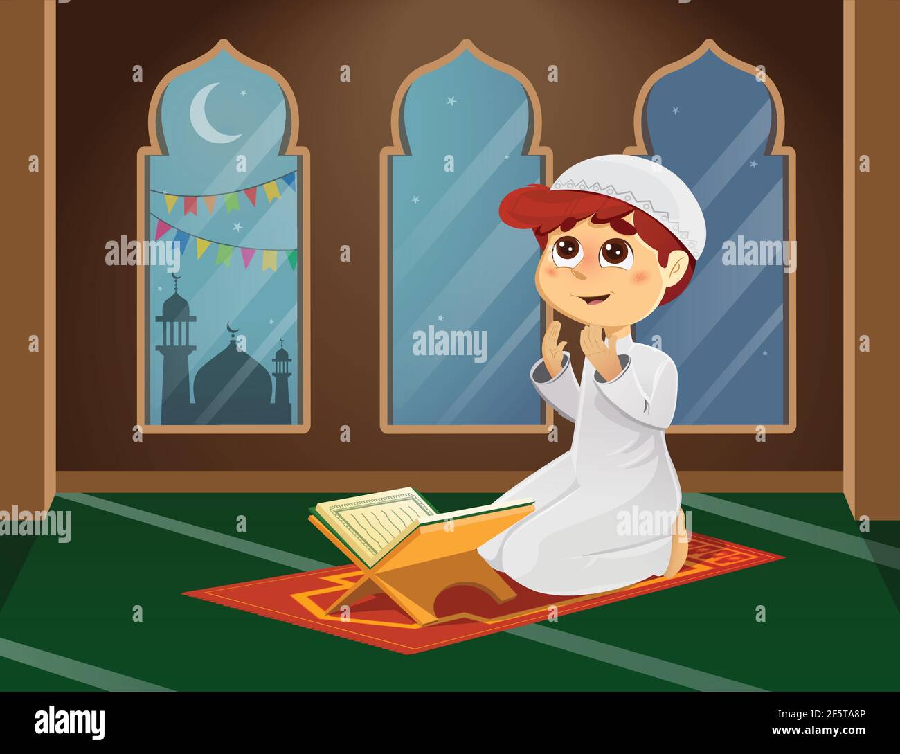 Vector Illustration of Muslim Boy Praying in Mosque Stock Vector Image ...
