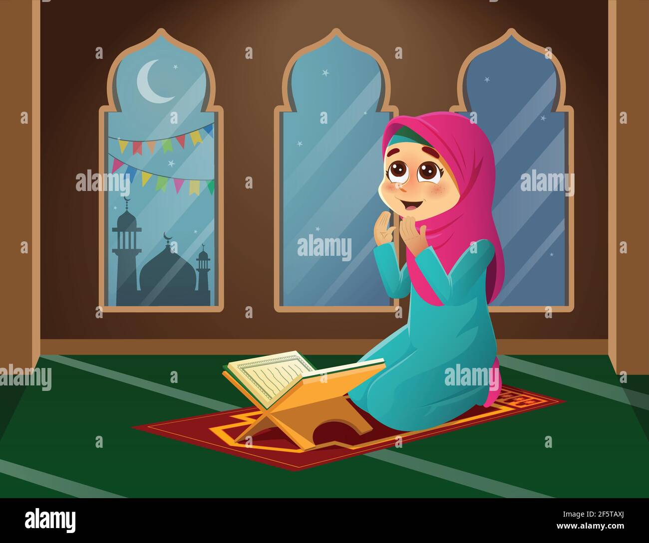 Vector Illustration of Muslim Girl Praying in Mosque Stock Vector Image ...
