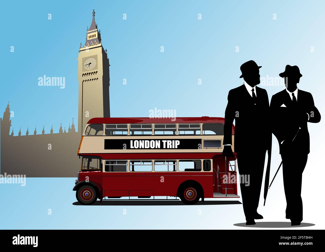 London trip poster with double Decker bus and gentlemen image . Vector ...