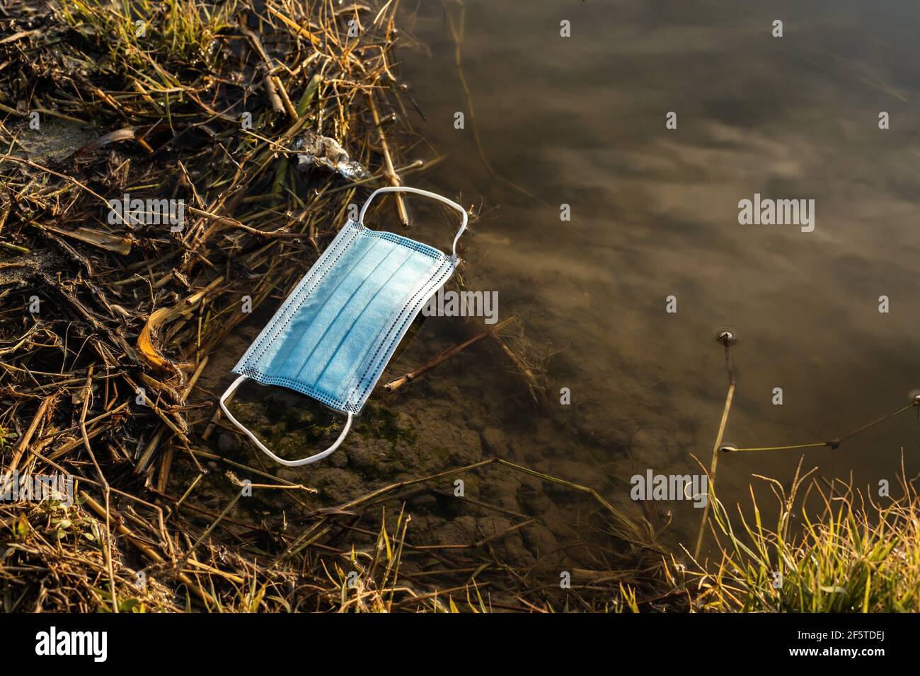 From above of plastic medical mask floating on water of pond showing ...