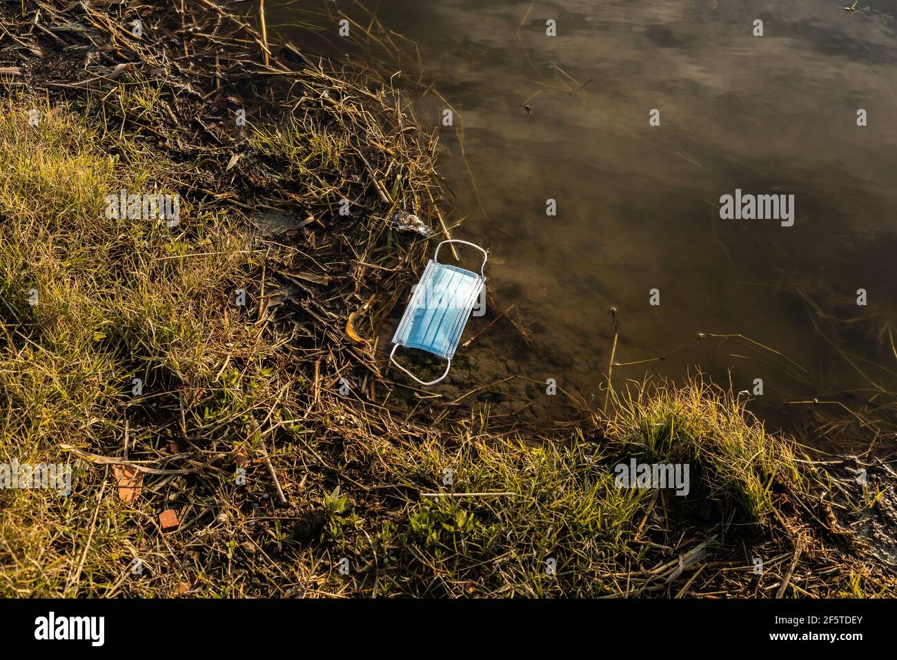 From above of plastic medical mask floating on water of pond showing ...