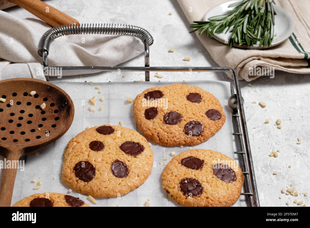 From above of freshly baked sweet cookies with chocolate chips on metal ...