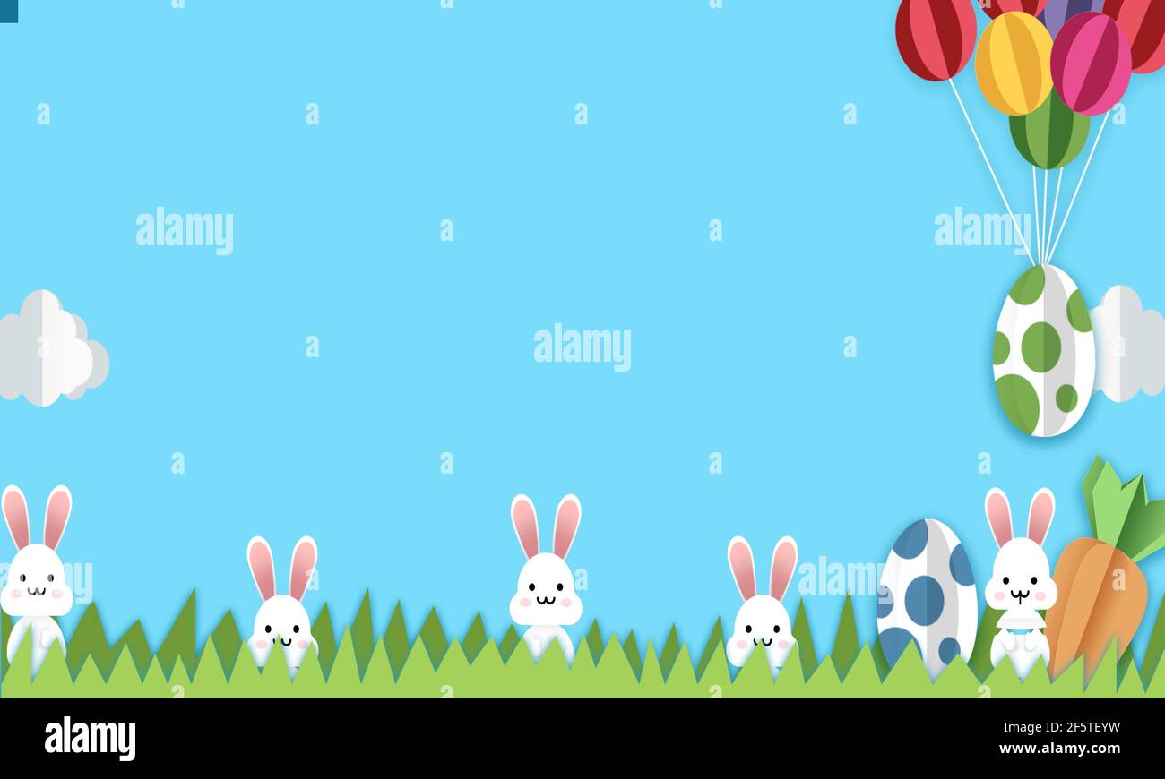 Happy Easter paper art of Easter eggs and Easter bunny on blue ...