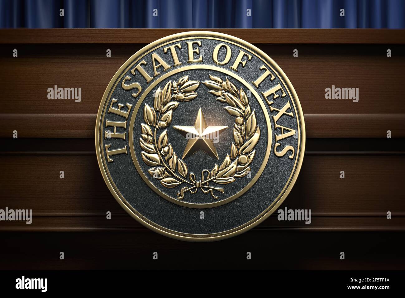 Symbol and big seal of State of Texas on the tribune. Press conference ...