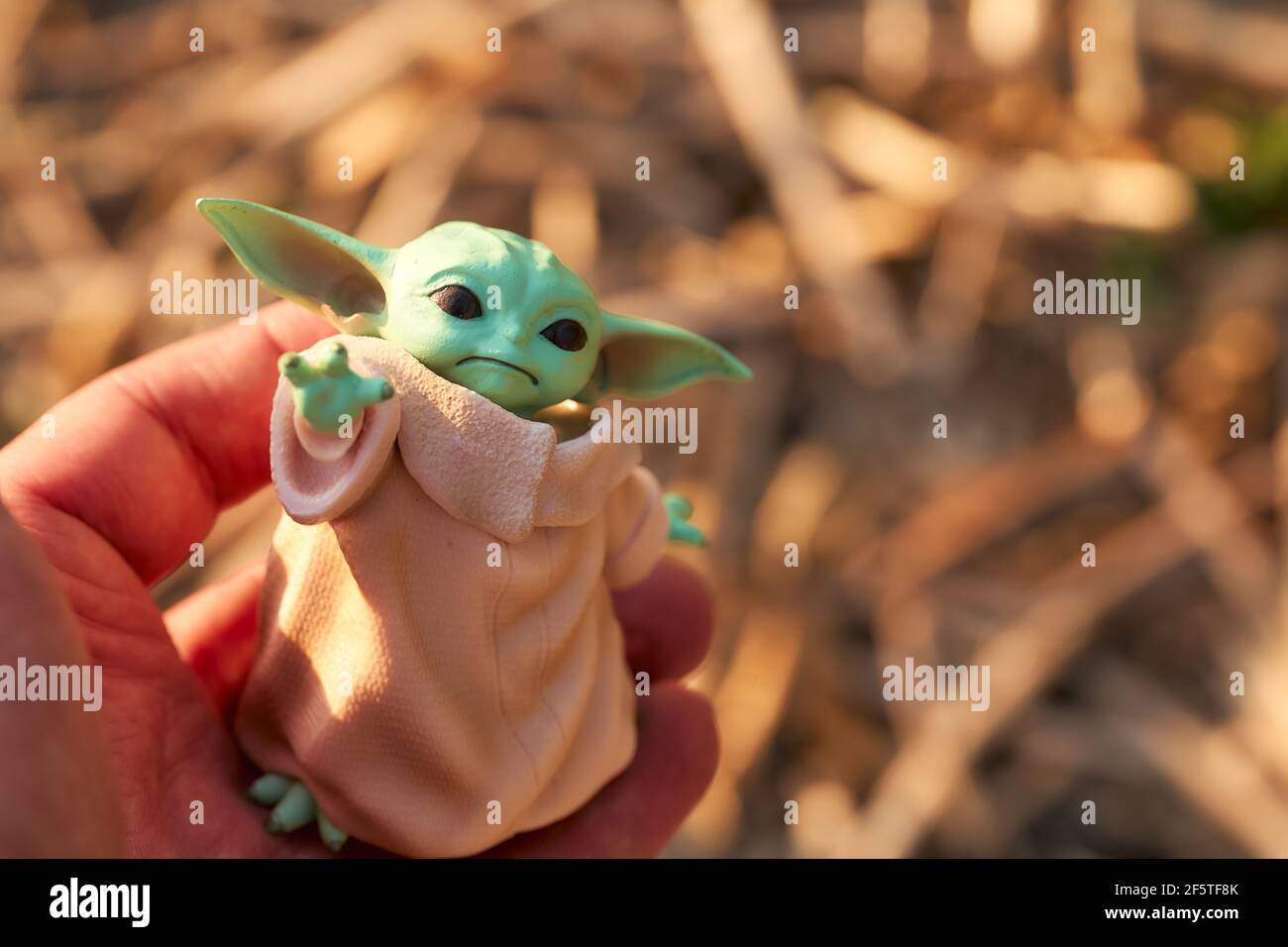 October, 2020: Display of Baby Yoda, an action figures, standing on ...