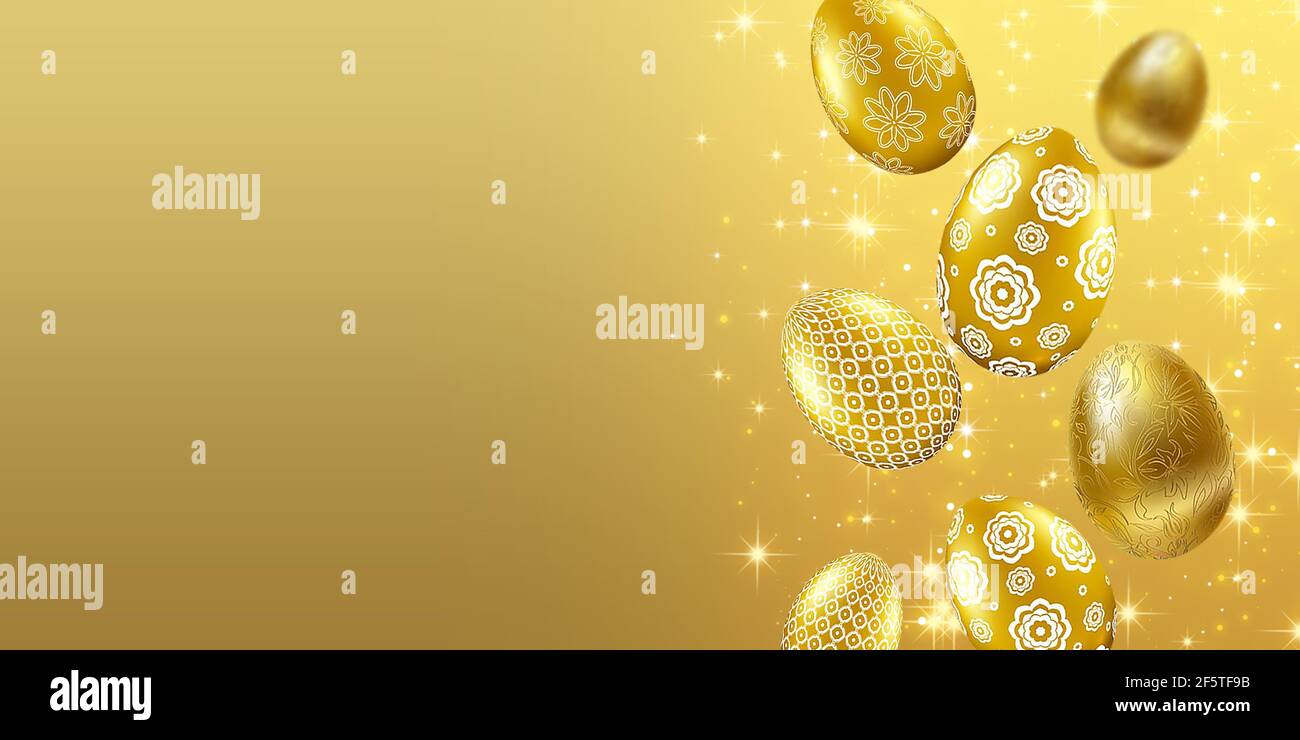 Easter background with realistic golden decorated eggs. on golden ...