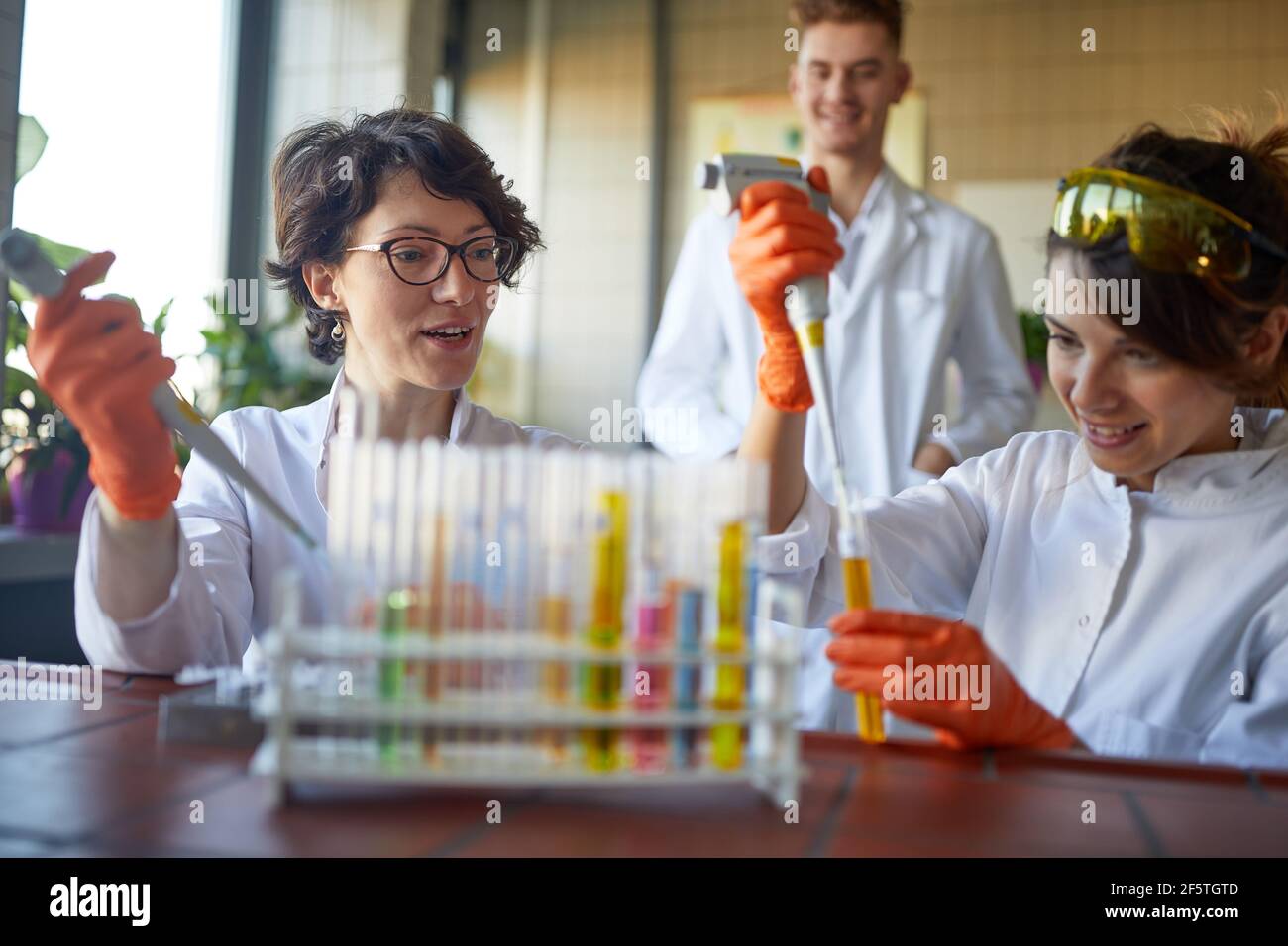 Young female colleagues enjoy pipetting chemicals in a relaxed ...