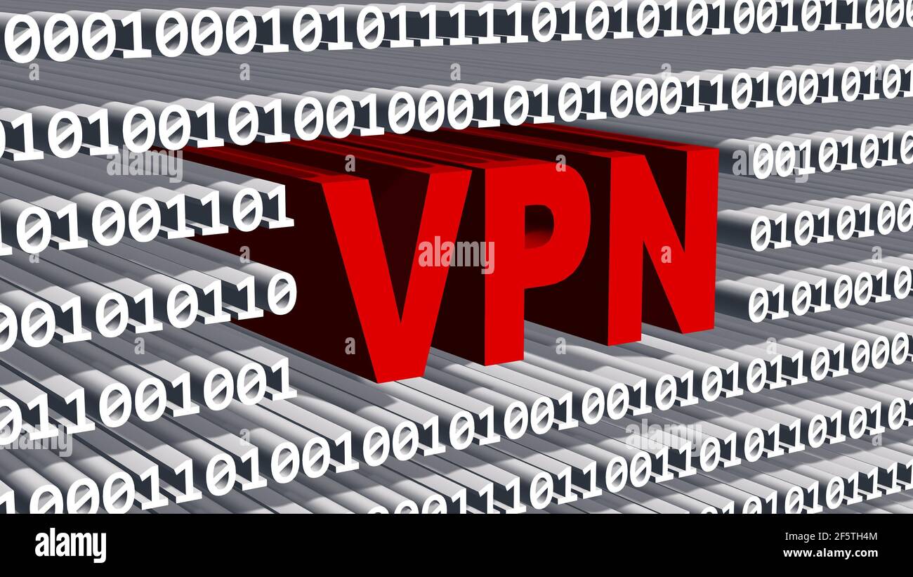VPN lettering in red integrated into a binary code screen made of white ...