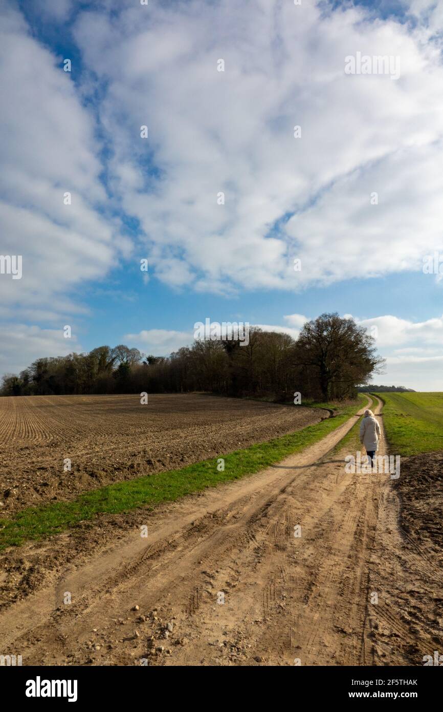 Woman on country walk Farm track Stock Photo - Alamy