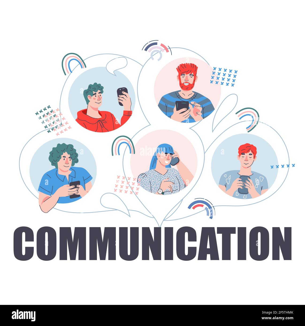 Communication banner design with avatars of young people with mobile ...