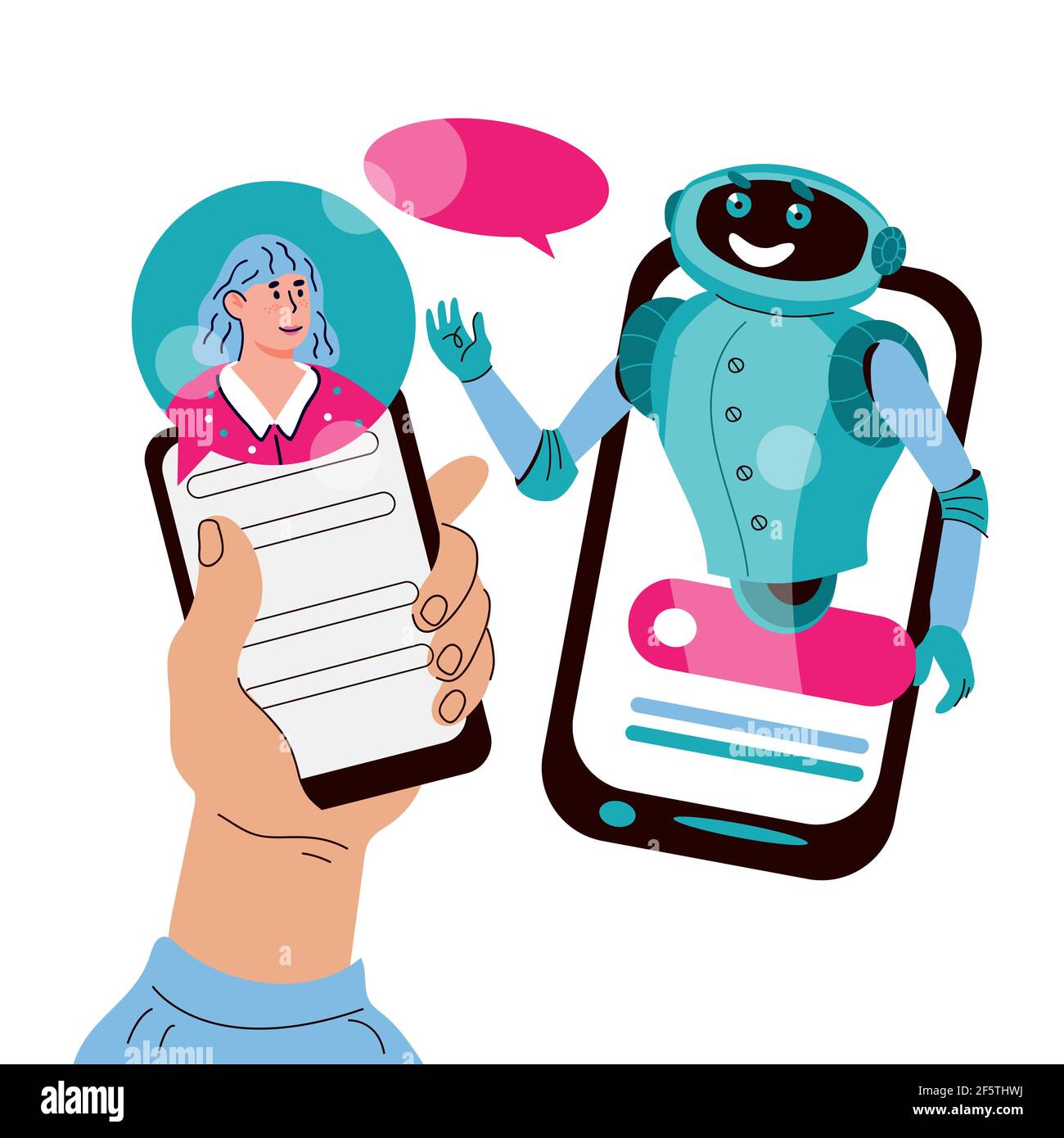 Chatbot online support concept with woman communicating with robot ...