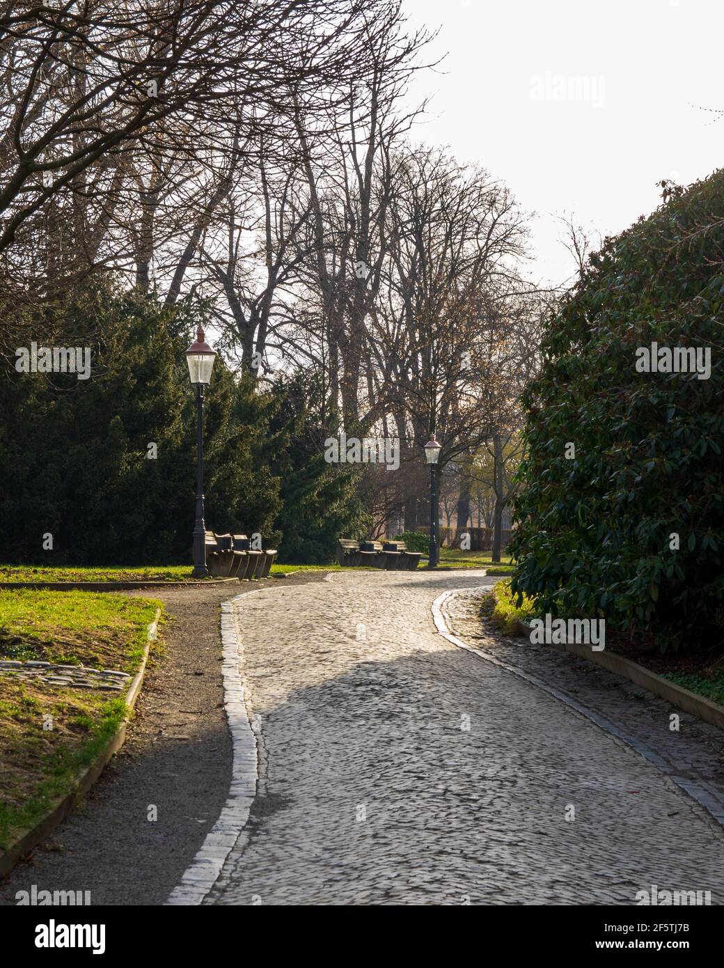 cobblestone footpath in park with benches and trees Stock Photo - Alamy