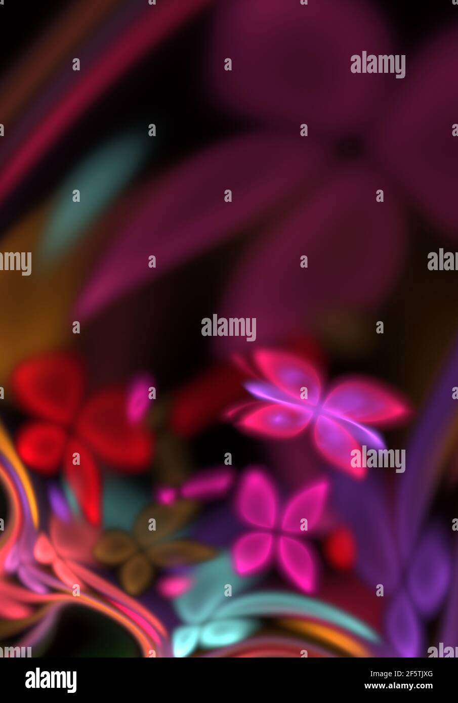 A colorful bright neon abstract floral design with butterflies ...