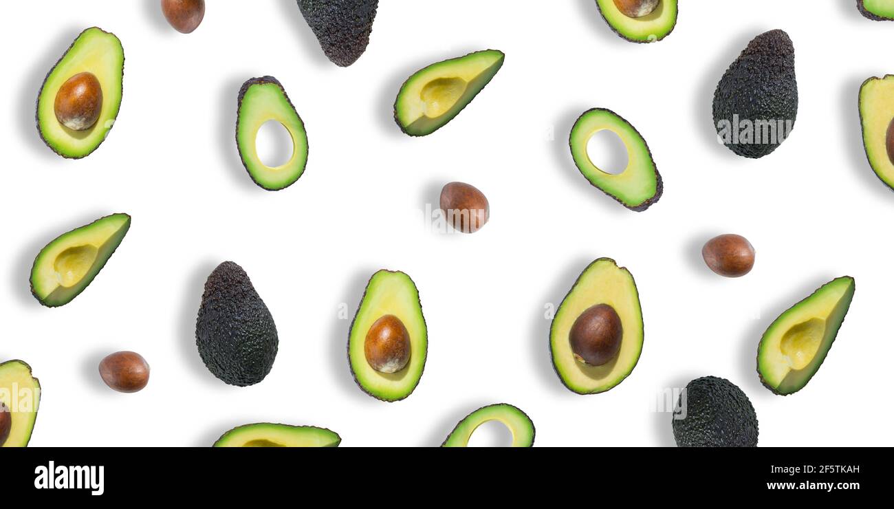 Pattern of fresh ripe green avocados. Avocado banner. Avocado pieces ...