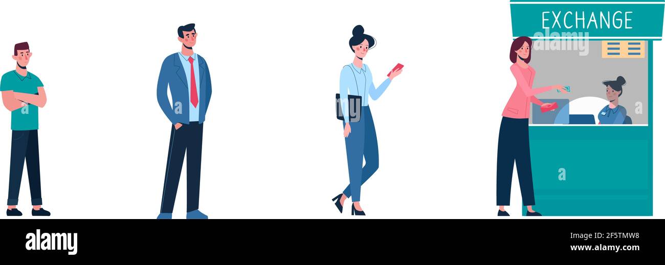 People keep their distance when they stand in line at the currency ...