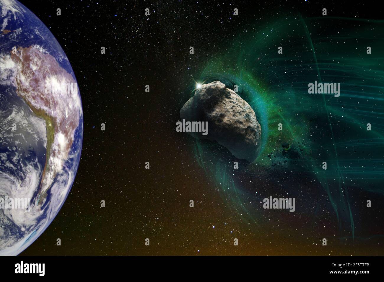 Giant meteorite in green light flies towards planet Earth, global space ...