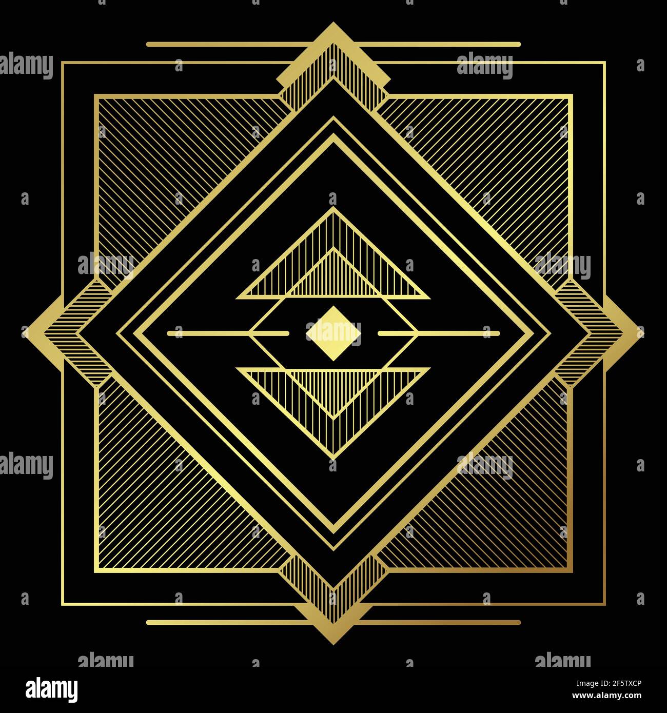Line art golden rhombus in a square with triangles on a black ...