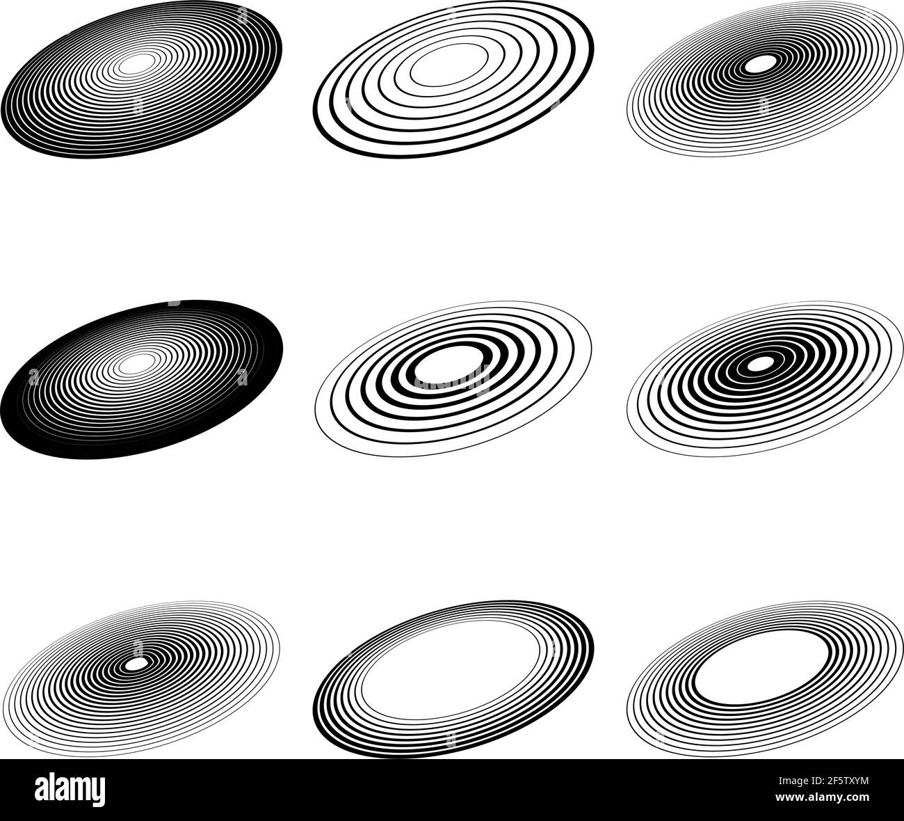 Radial, concentric, radiating rings, circles vector element set — Stock ...