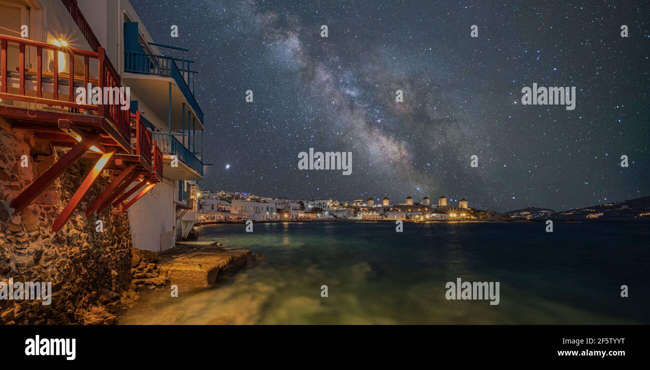 The beautiful Mykonos Island in Greece at a starry night Stock Photo ...