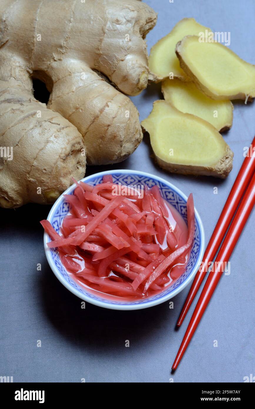 Pickled ginger in small bowls and ginger slices, ginger root, Germany ...