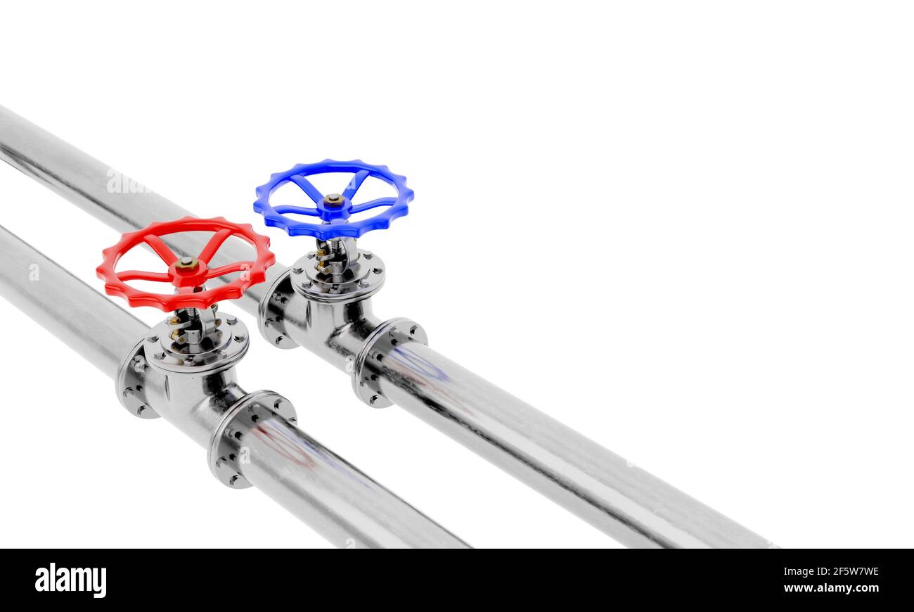 3d render blue and red valves on steel pipes diagonal view isolated on ...