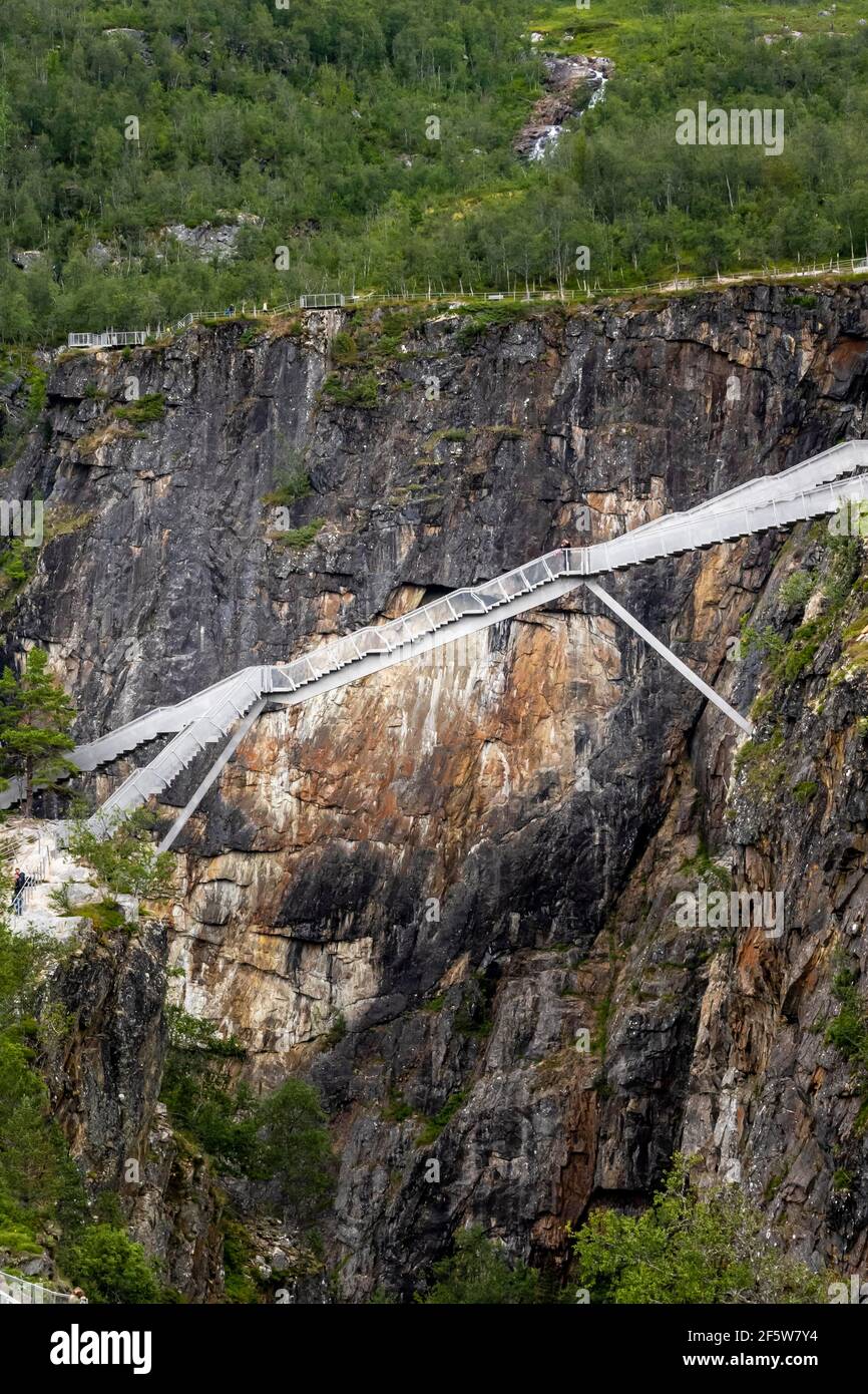 Metal bridge over a rock gorge at Voringfossen waterfall, Eidfjord ...