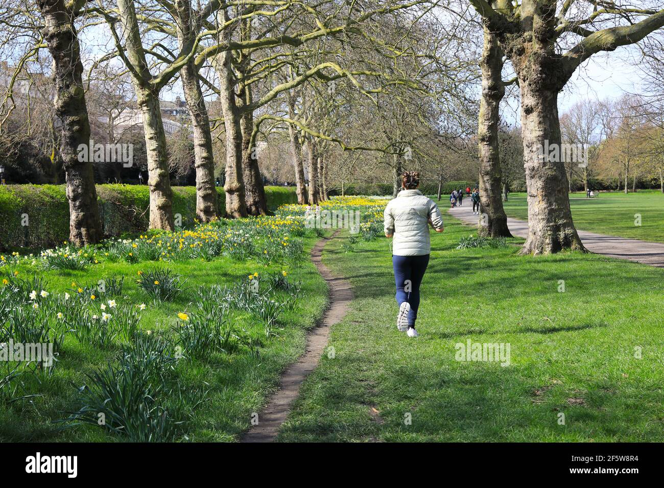 Woman jogging in early spring sunshine in Regents Park, north London ...
