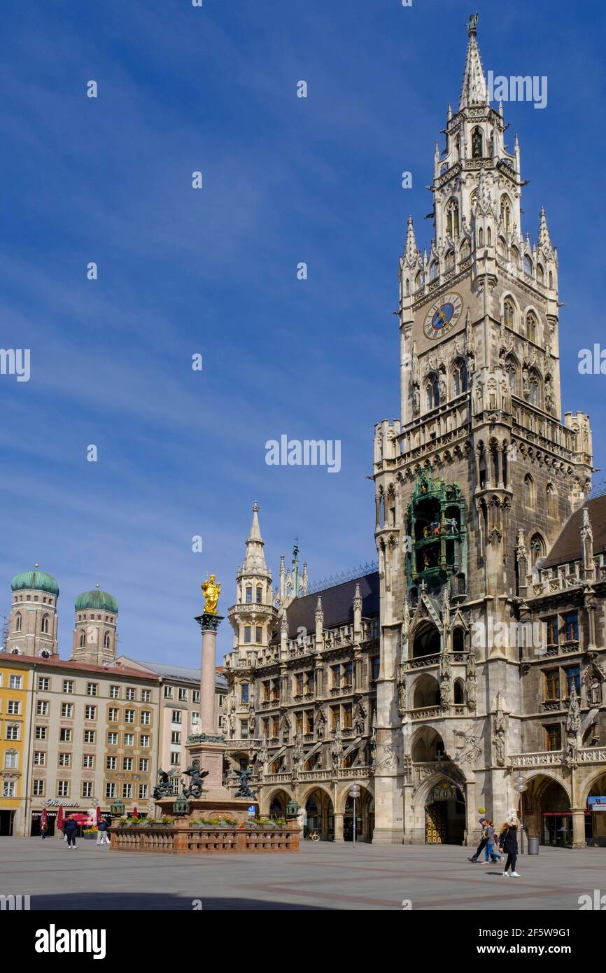 New town hall with Marian column and steeples of the Church of Our Lady ...