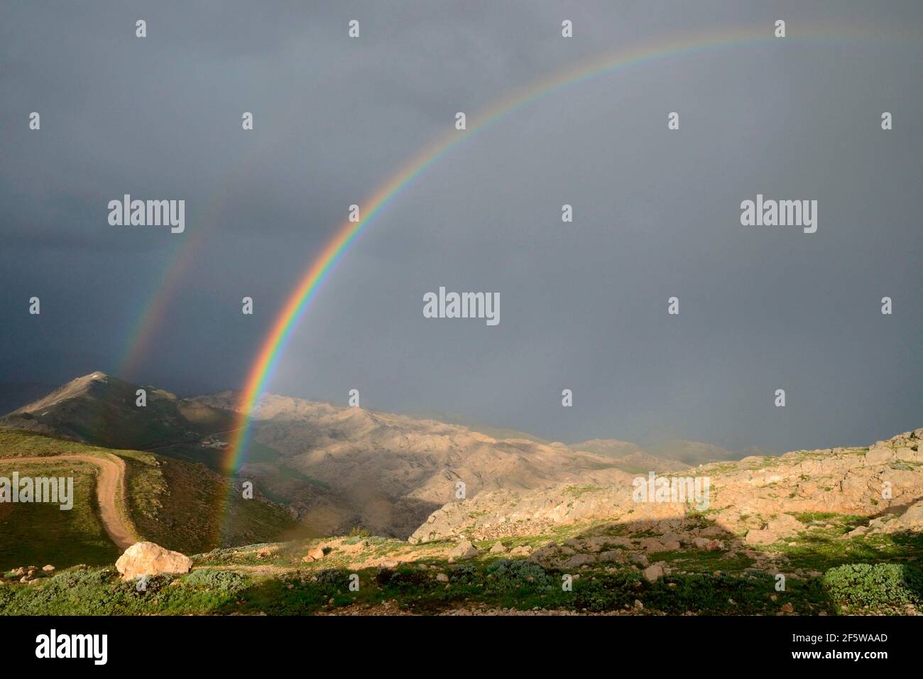 Rainbow, over Nemrud Dagi, thunderstorm atmosphere, Turkey Stock Photo ...