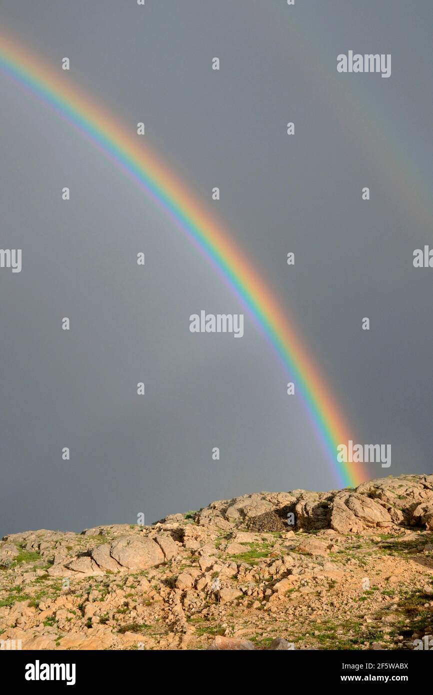 Rainbow, with Nemrud Dagi, thunderstorm atmosphere, Turkey Stock Photo ...