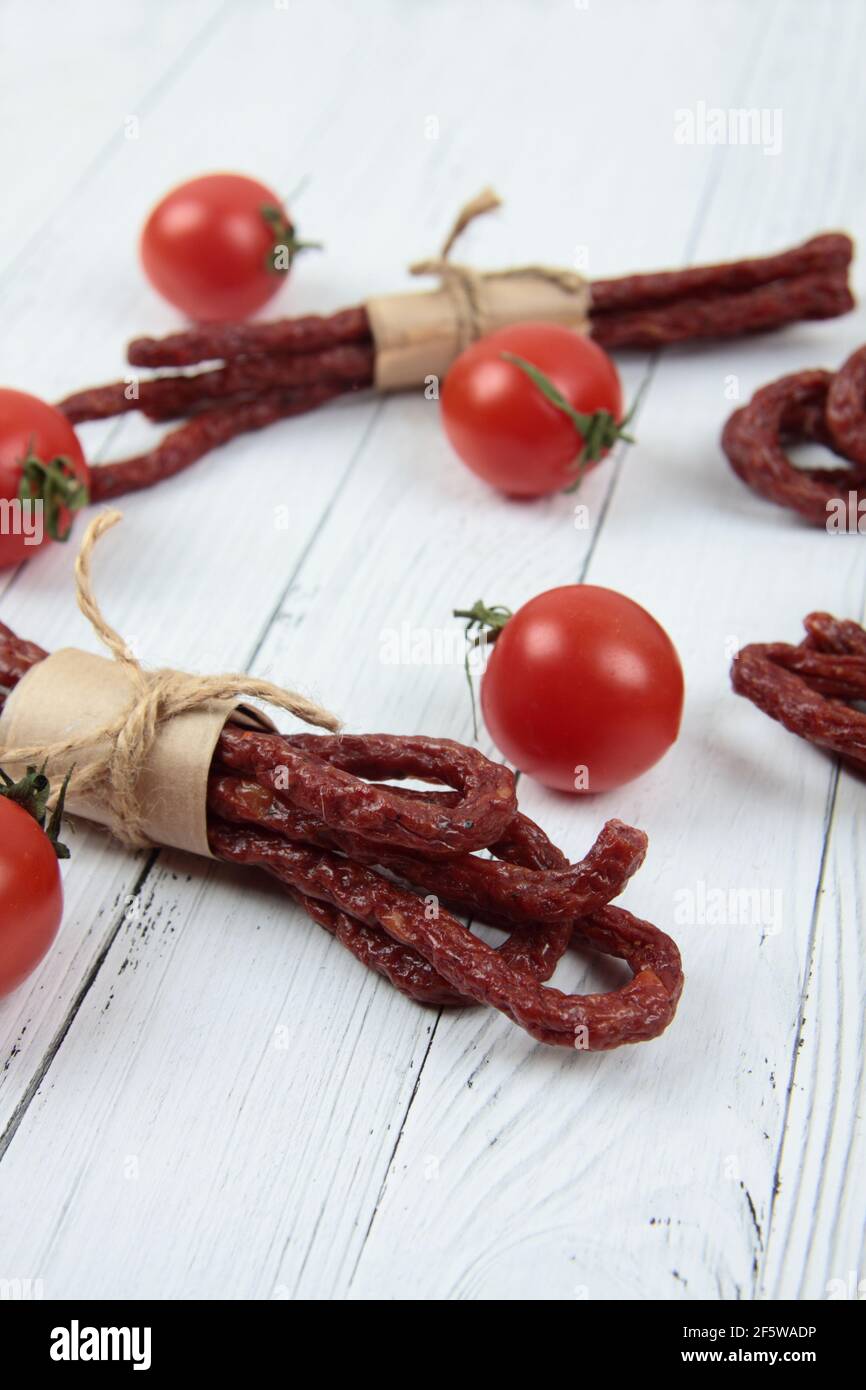 Kabanos or cabanossi - traditional Polish thin dry smoked sausage made ...