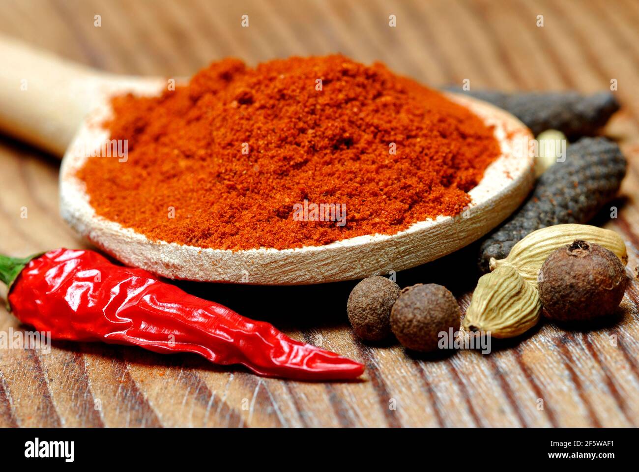 Powder in a wooden spoon (Berbere) , spice mixture of chili, pimento ...