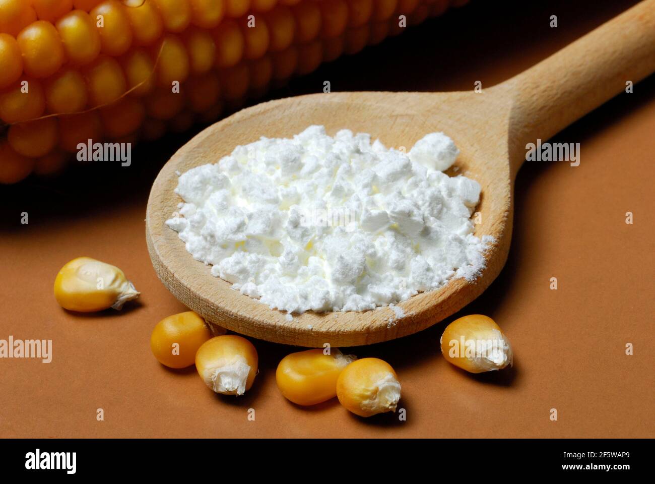 Corn starch (Speisestaerke) in cooking spoon, corn grains, starch ...
