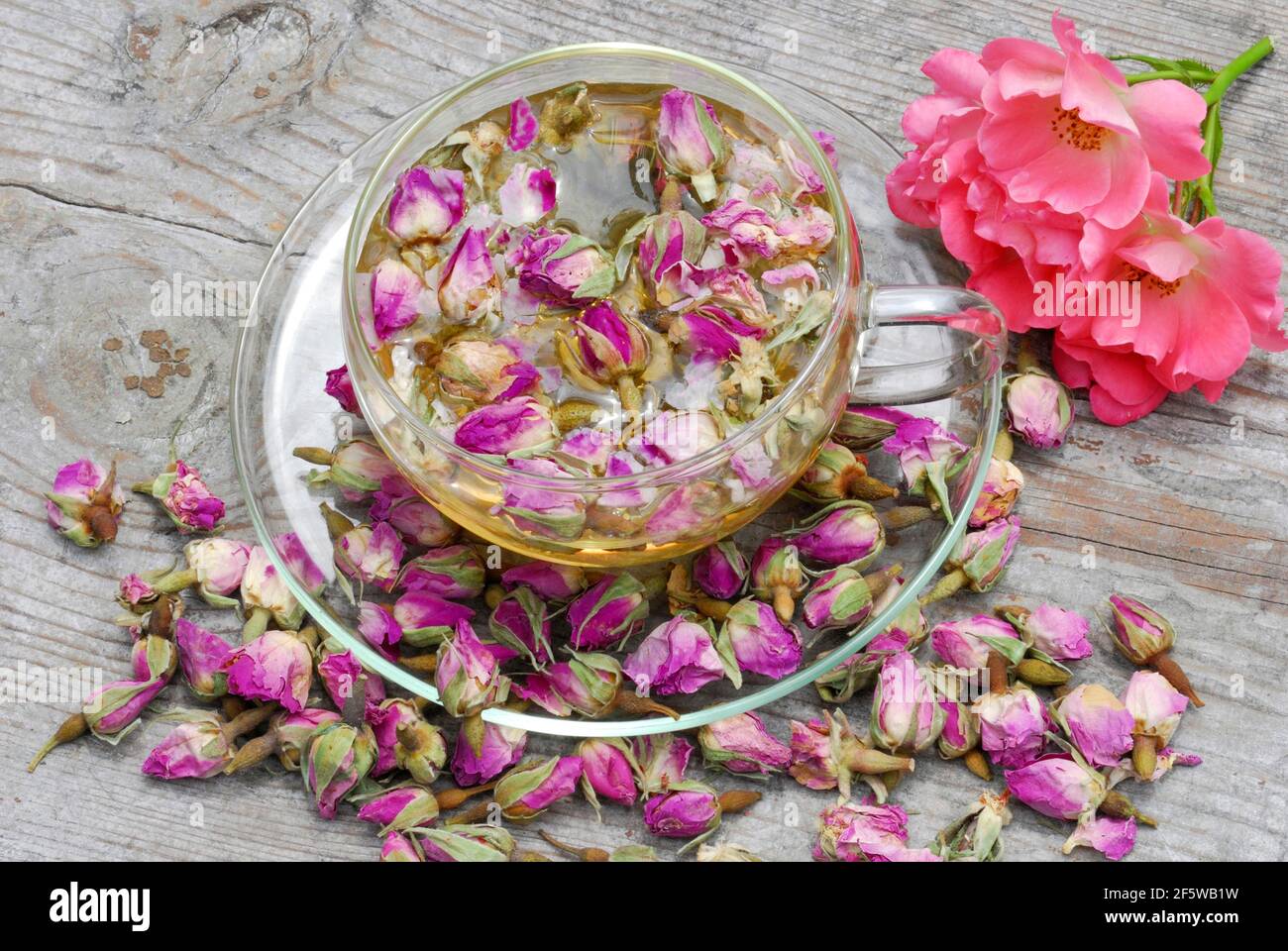 Rose tea in cup and rose buds, rose petals, rose blossom tea Stock ...